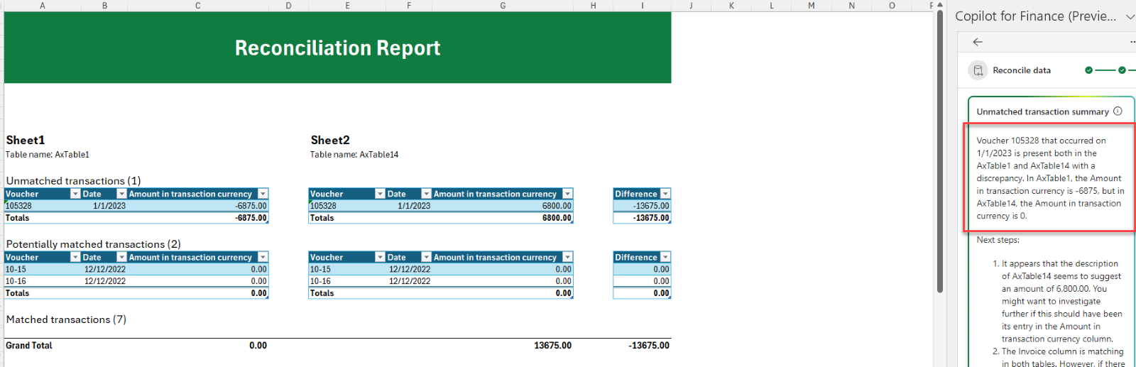 Excel reconciliation with Copilot for Finance